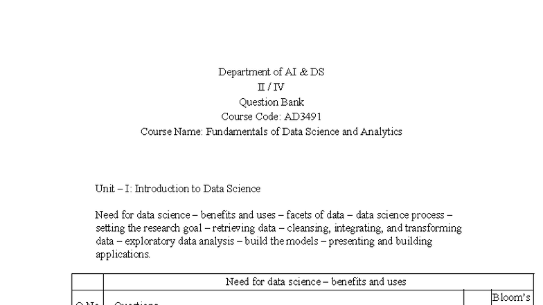 Unit I Question Bank - AD3491: Fundamentals of Data Science and ...