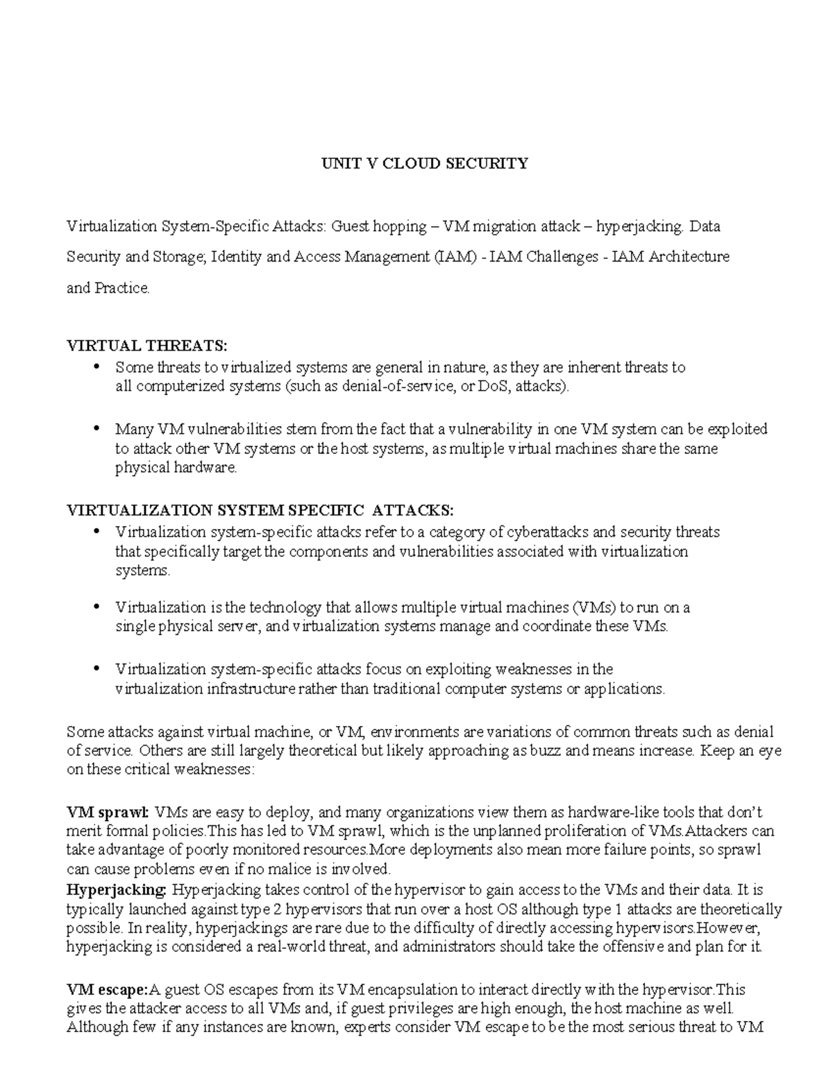 Unit V Cloud Security: Virtualization Attacks & IAM Challenges - Studocu