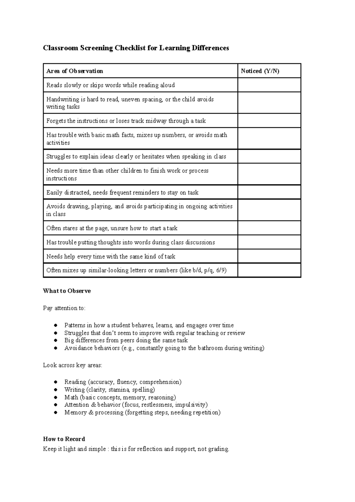 Classroom Screening Checklist for Learning Differences (CSD 101) - Studocu