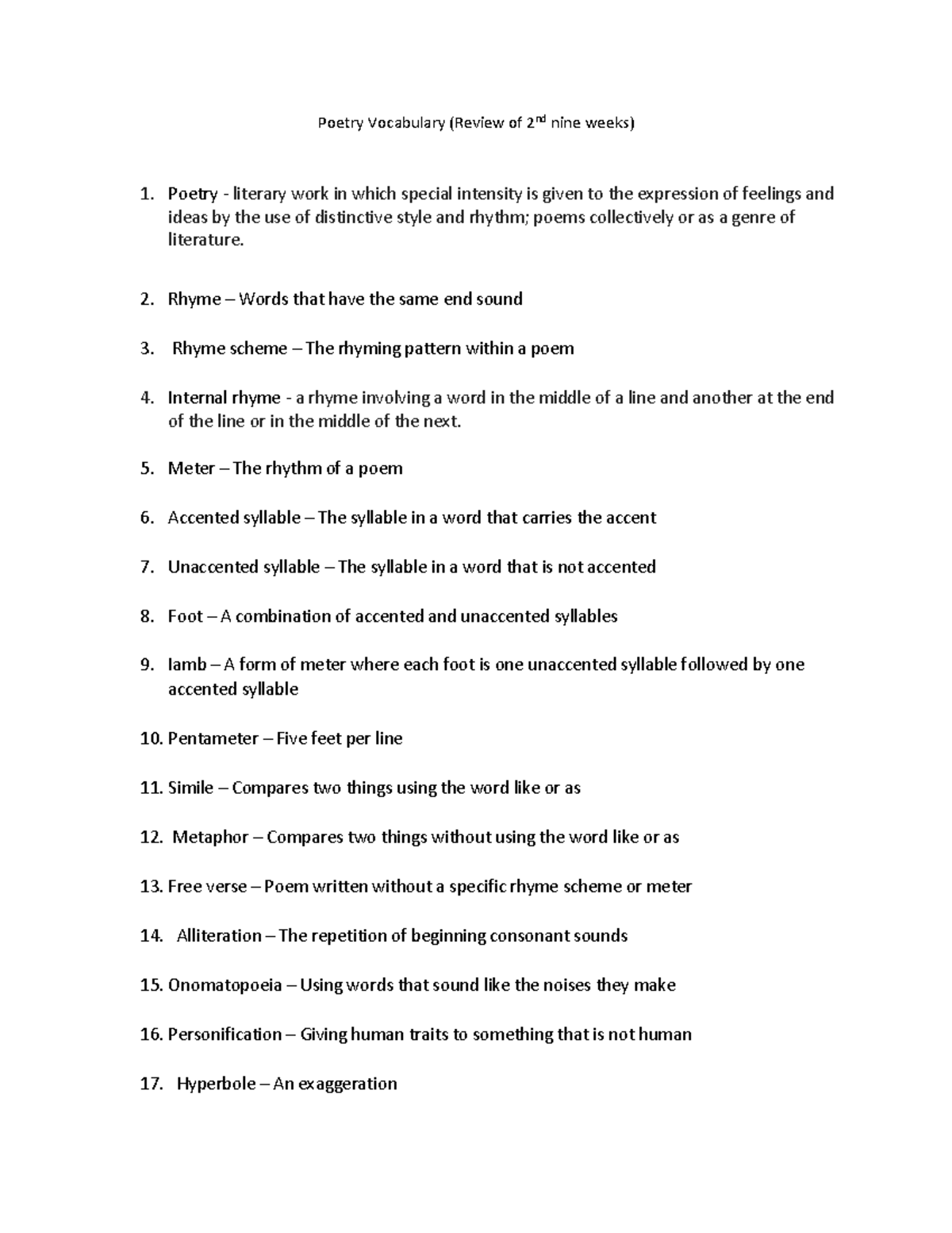 Week 18 - Poetry Vocabulary -2nd nine week review - Poetry Vocabulary ...