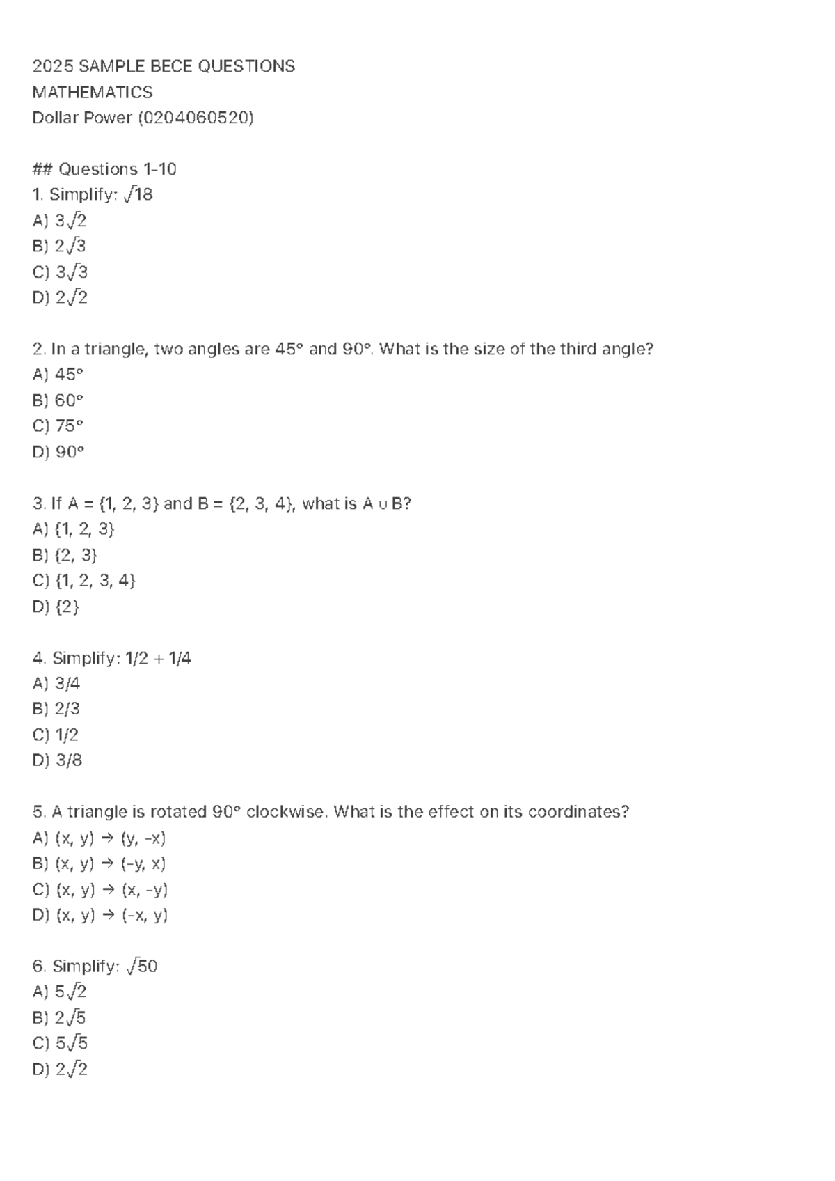 2025 BECE Mathematics Sample Questions (0204060520) - Studocu