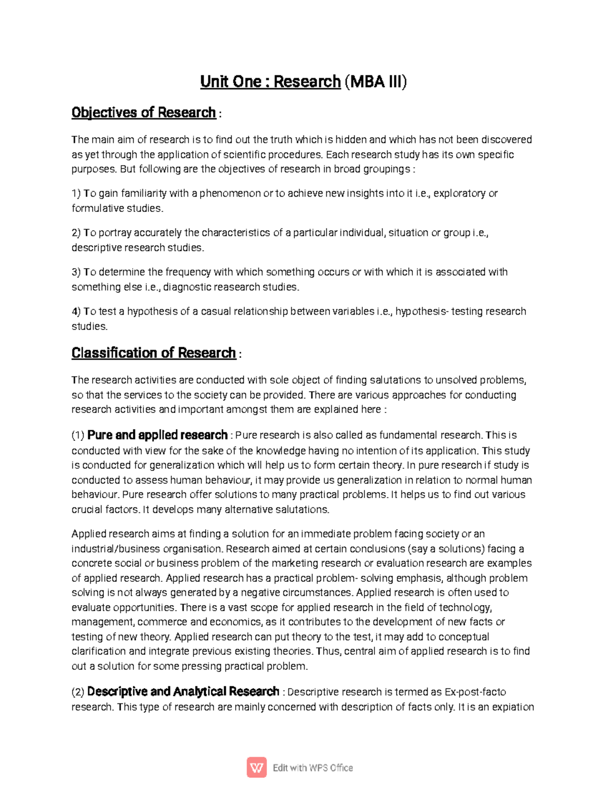 MBA III: Objectives, Types, and Features of Research - Studocu