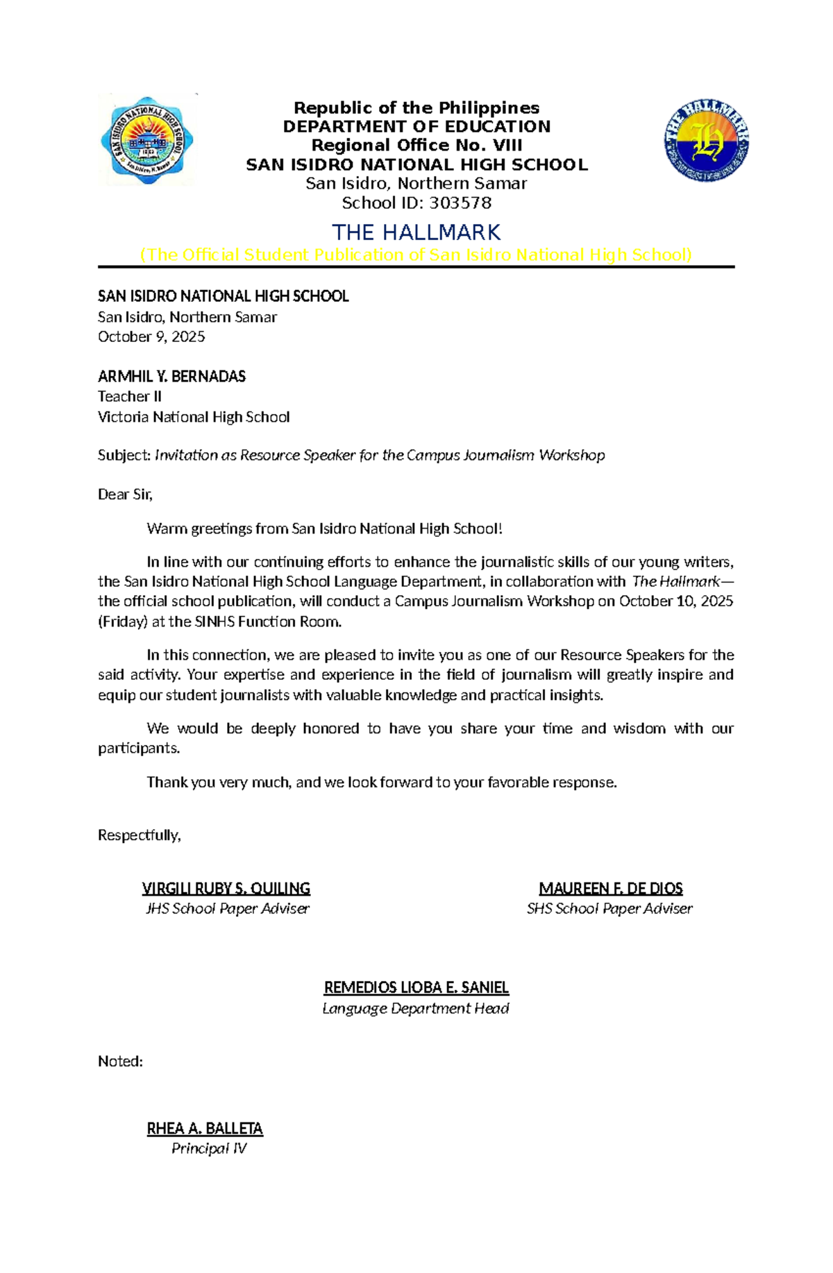 Invitation to Campus Journalism Workshop at SINHS - Studocu
