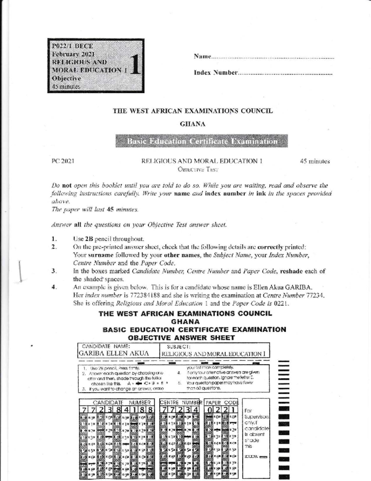 BECE 2021 Final Exam RME Sec B - Objective Answer Sheet - Studocu