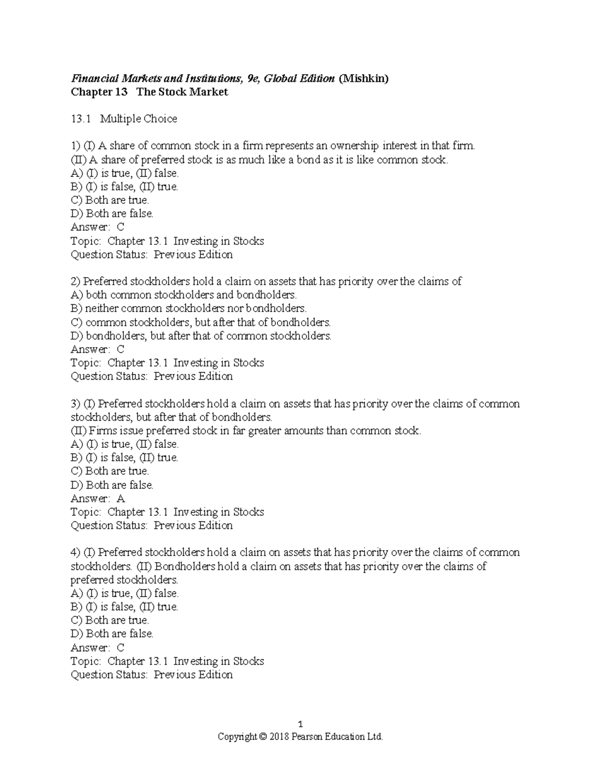 FMI9GE Chapter 13: The Stock Market - Multiple Choice Questions - Studocu