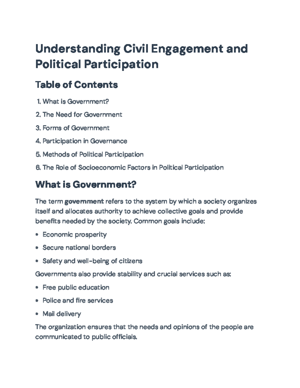 Civic Engagement and Political Participation: Understanding Gov. Roles ...