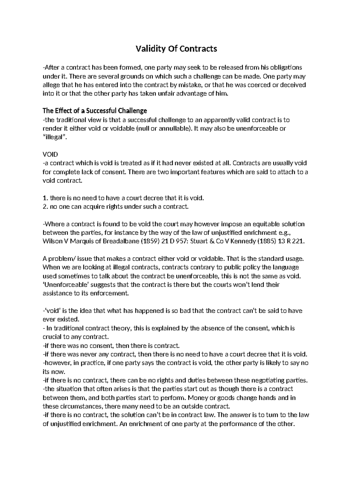 Validity of Contracts - Law Notes Overview and Key Cases - Studocu