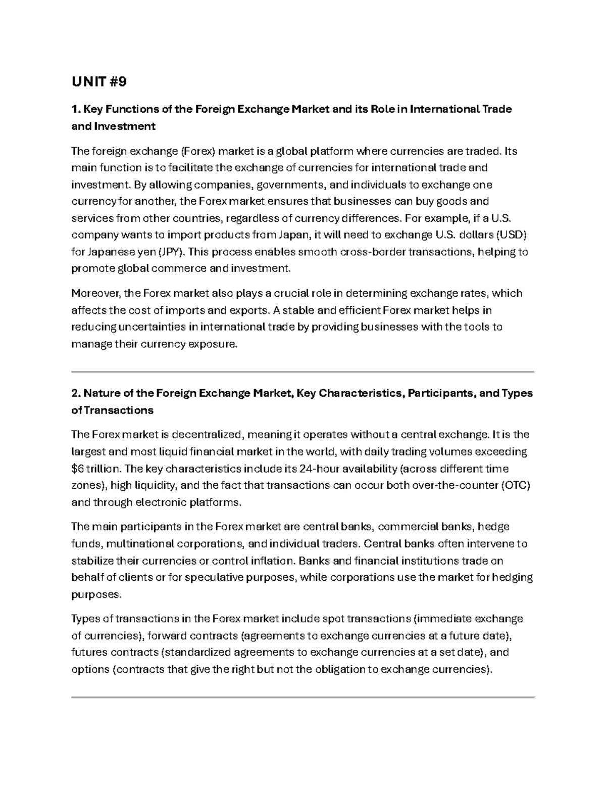 Unit 1-8 IBT - assignment - UNIT # 9 Key Functions of the Foreign Exchange Market and its Role ...