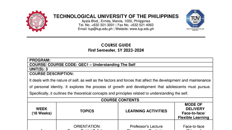 GEC1 Understanding The Self Course Guide - First Semester SY 2023 - Studocu