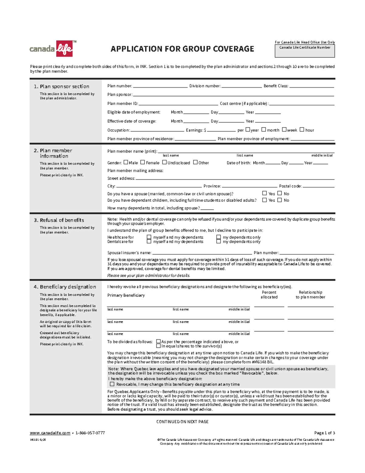 Canada Life Group Coverage Application Form - Important Details - Studocu