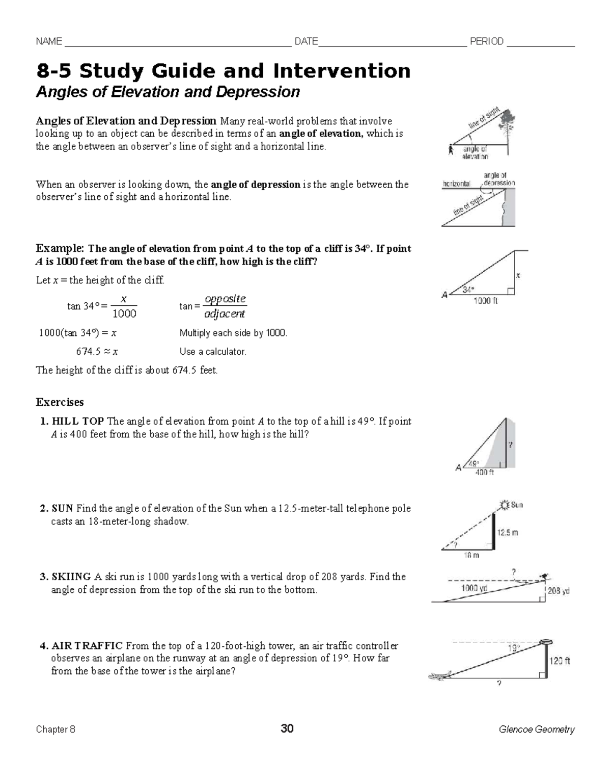 Study Guide: Angles of Elevation & Depression (Glencoe Geometry) - Studocu
