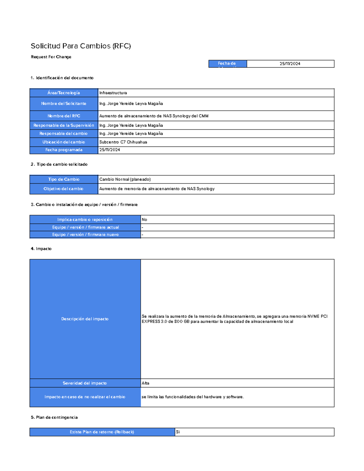Chihuahua C7 RFC Actualizacion NAS.xlsx - formato - Solicitud Para Cambios (RFC) Request For ...