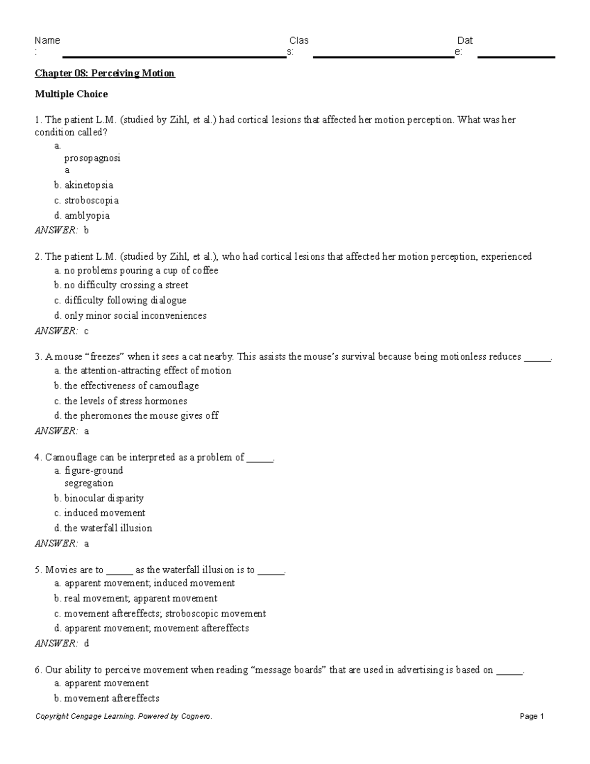 Chapter 8 Perceiving Motion - Name : Clas s: Dat e: Chapter 08: Perceiving Motion Multiple - Studocu