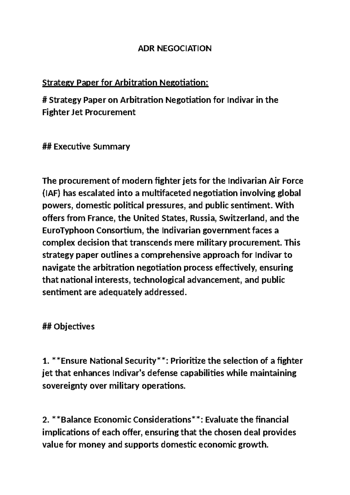 ADR Negotiation Strategy Paper for Indivarian Fighter Jet Procurement ...