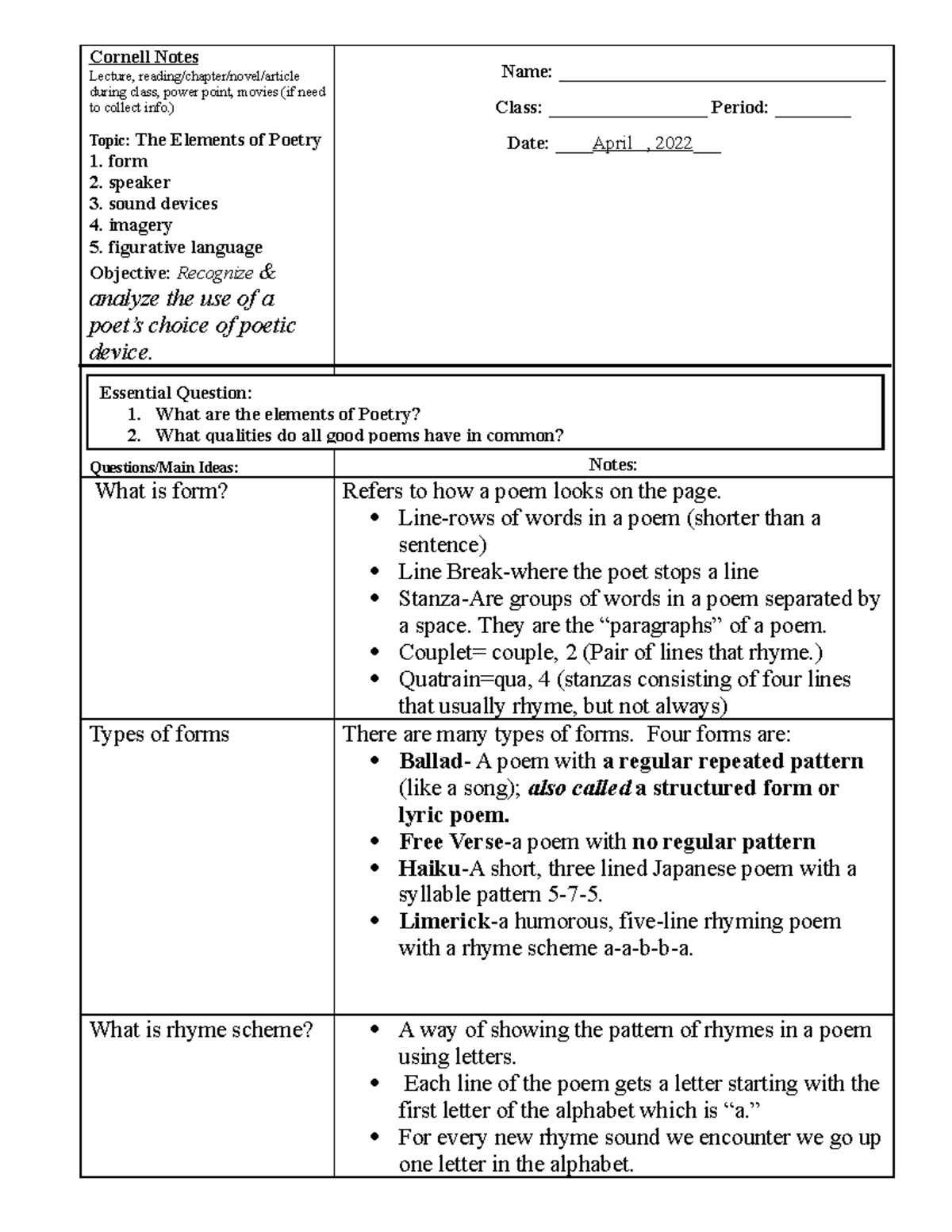 Cornell Notes: Elements of Poetry Overview for English 101 Lecture ...