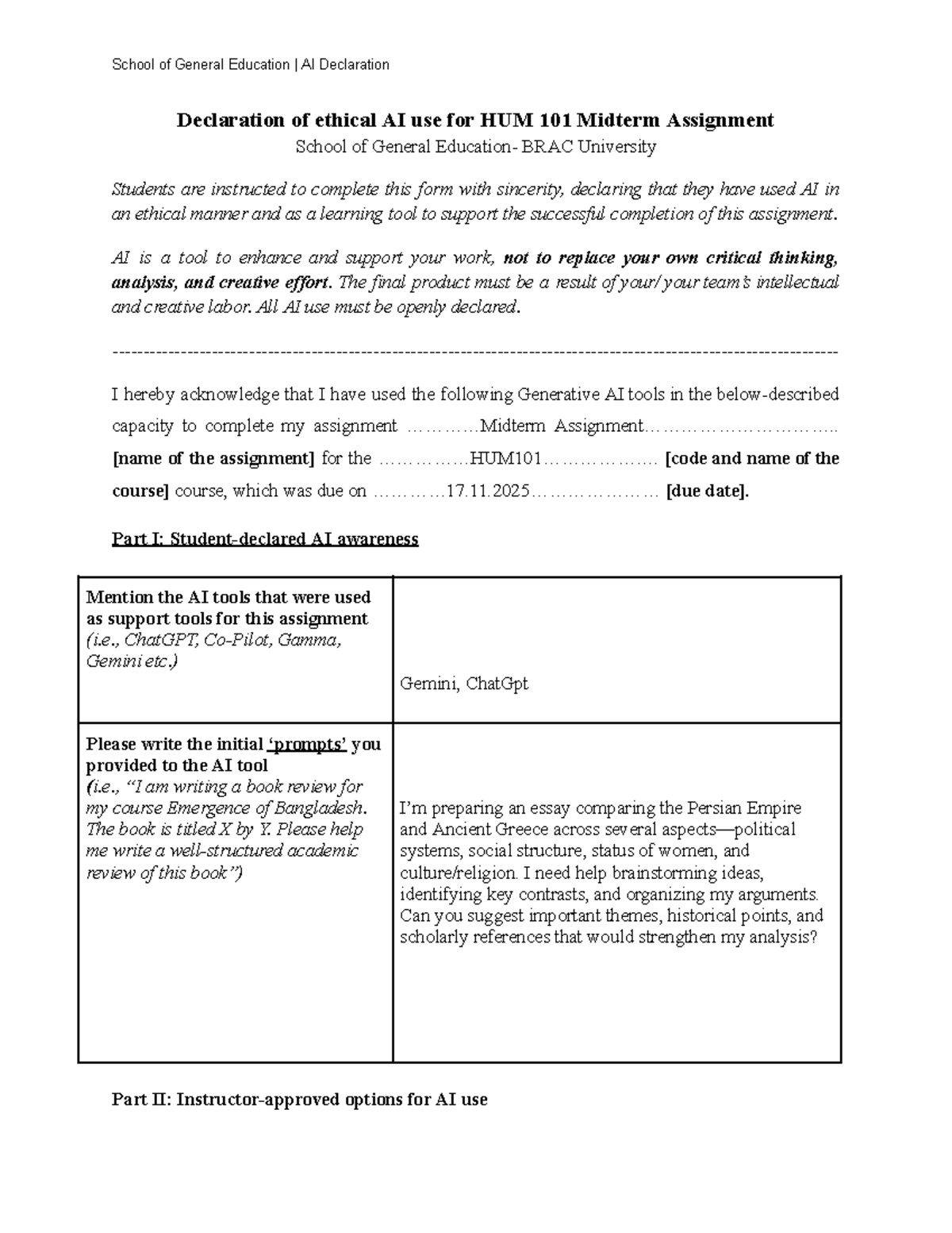 Brac University HUM 101 Midterm AI Use Declaration Form - Studocu