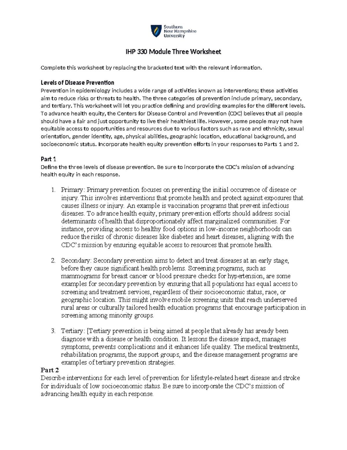 IHP 330 Module 3 Worksheet: Levels of Disease Prevention and Health ...
