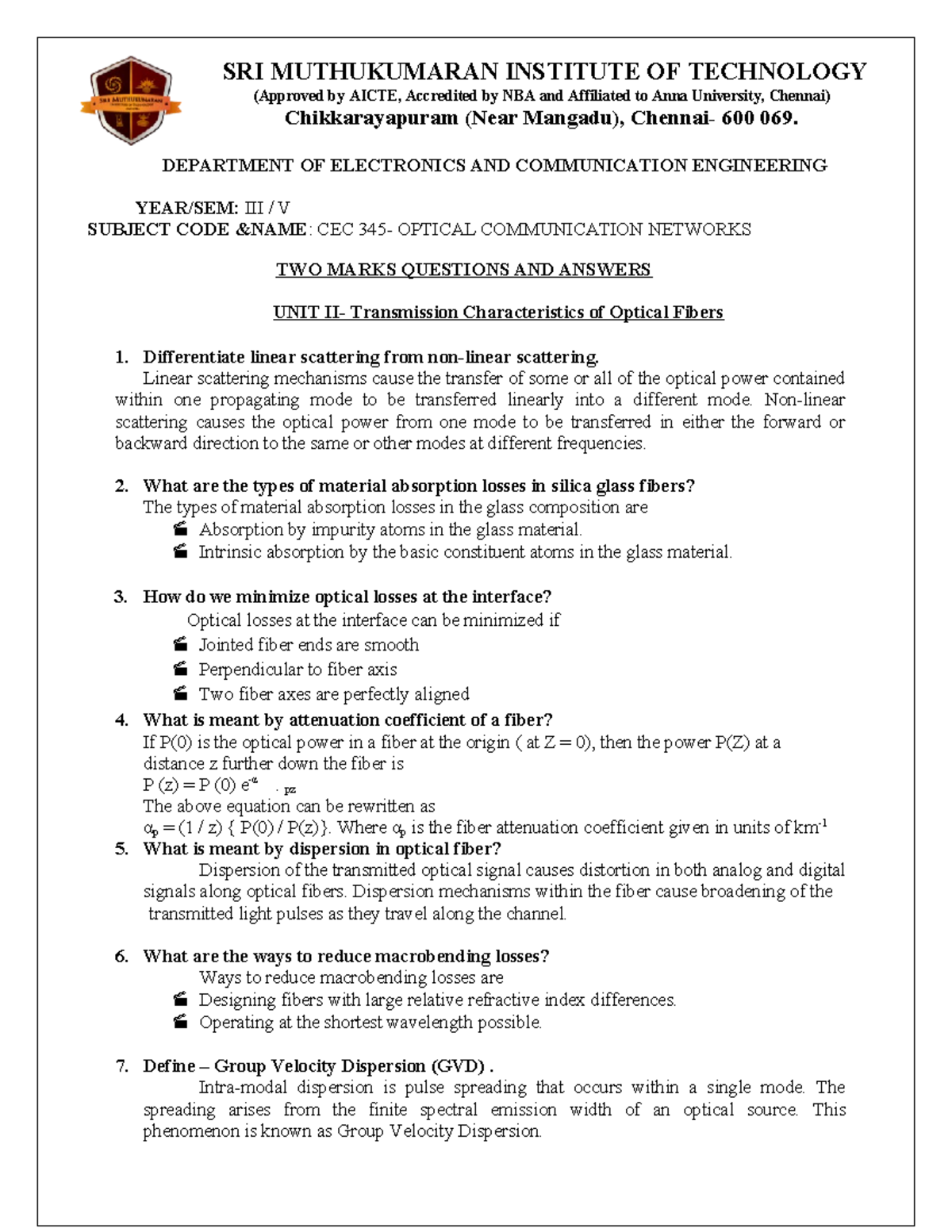 **CEC345 OCN 2 - Two Marks Questions and Answers on Optical Communication** - Studocu