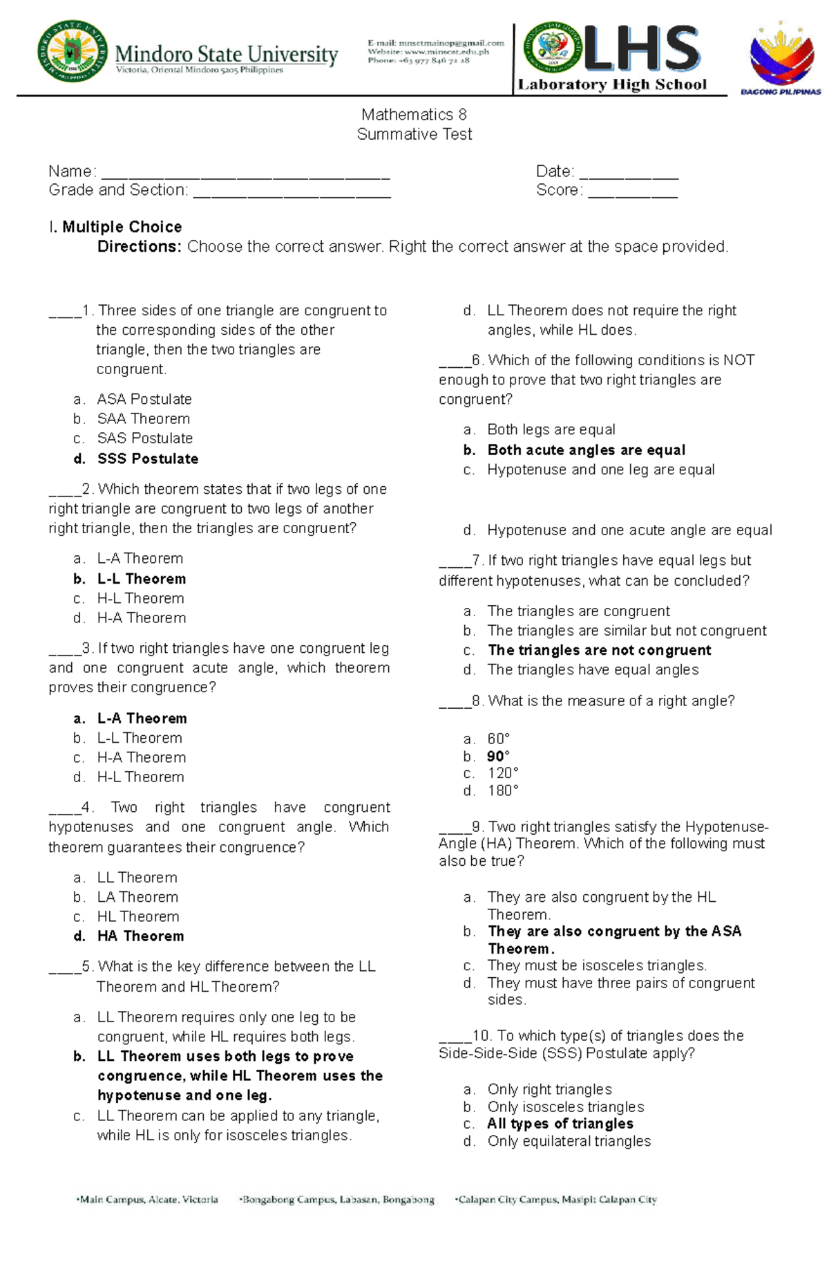 Grade 8 Summattive Test Geometry - Mathematics 8 Summative Test Name ...