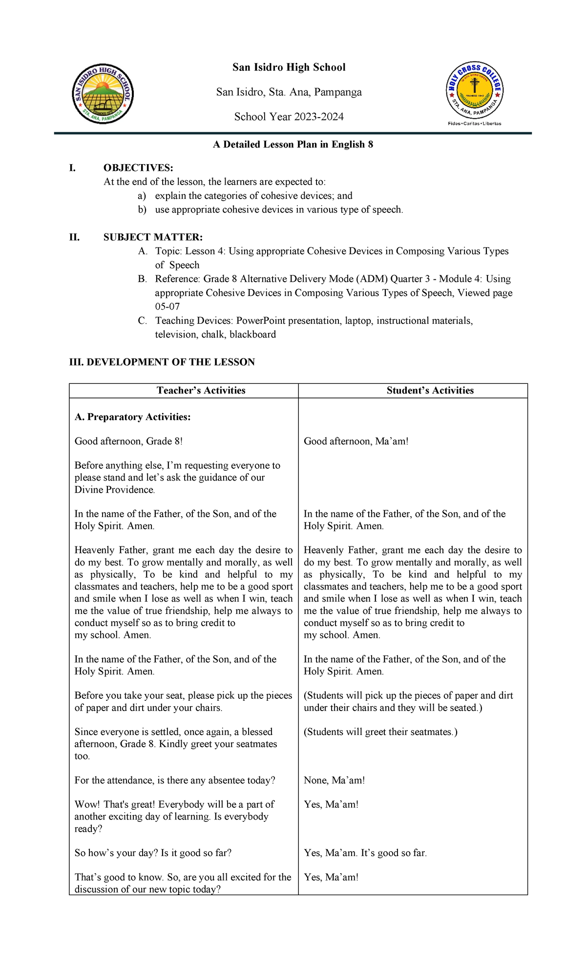 Cohesive Devices Lesson Plan for English 8 - Detailed Guide - Studocu