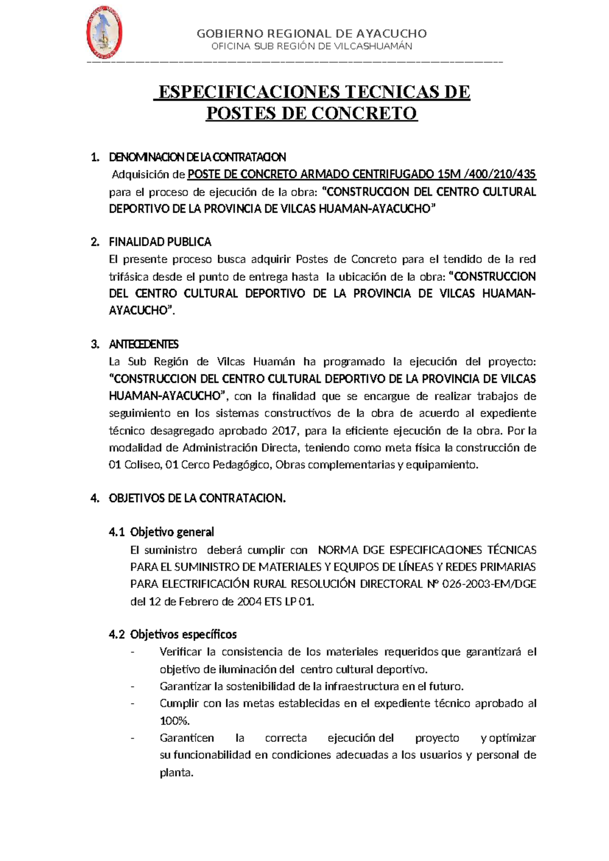 Especificaciones Técnicas de Postes de Concreto para Proyecto Cultural ...