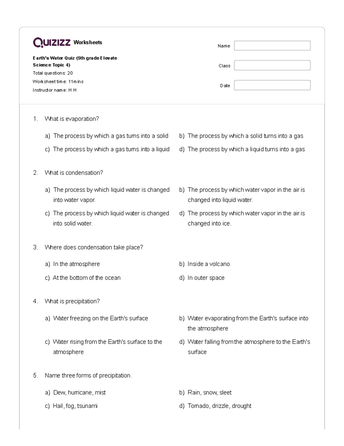 Grade 5 Earth's Water Quiz: Geosphere, Biosphere, Hydrosphere - Studocu