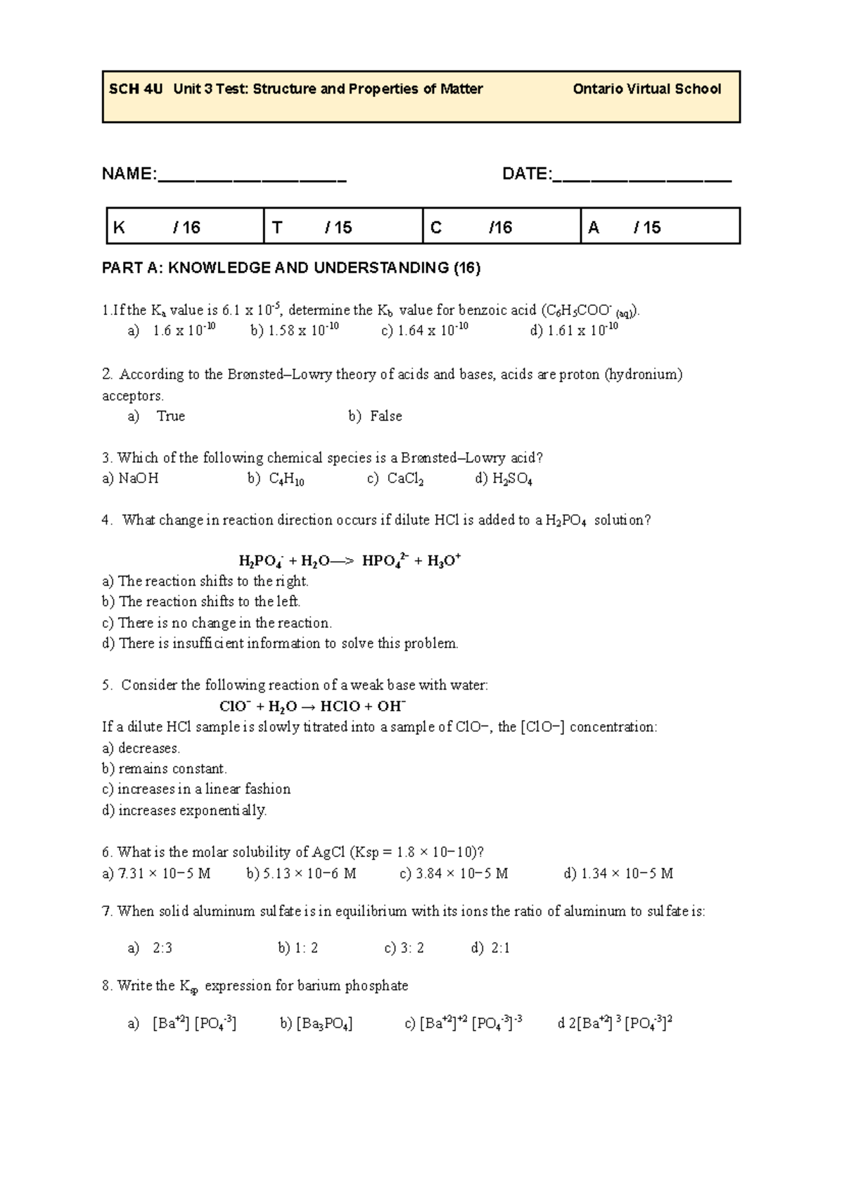 SCH4U Unit 3 Acid-Base Test: Knowledge, Understanding & Application ...