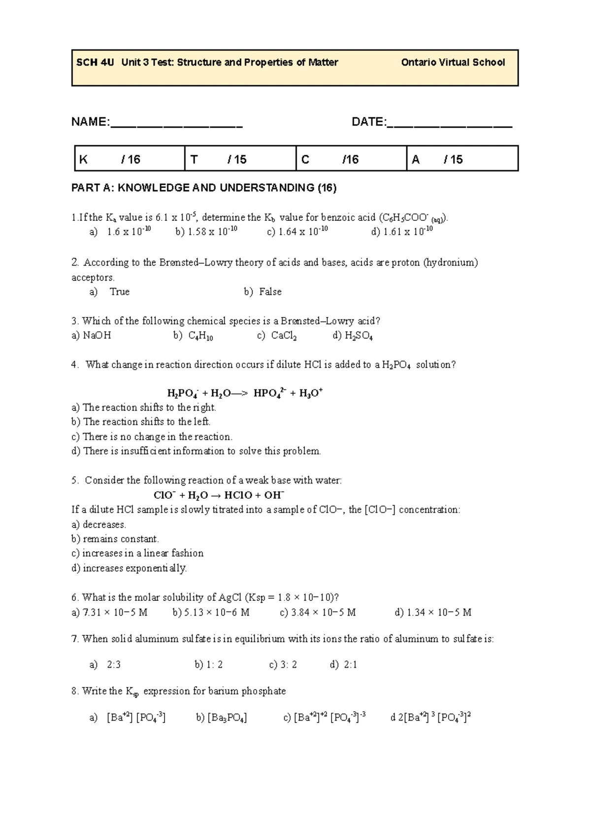 SCH4U Unit 4 Test: Organic Chemistry Concepts & Reactions - Studocu