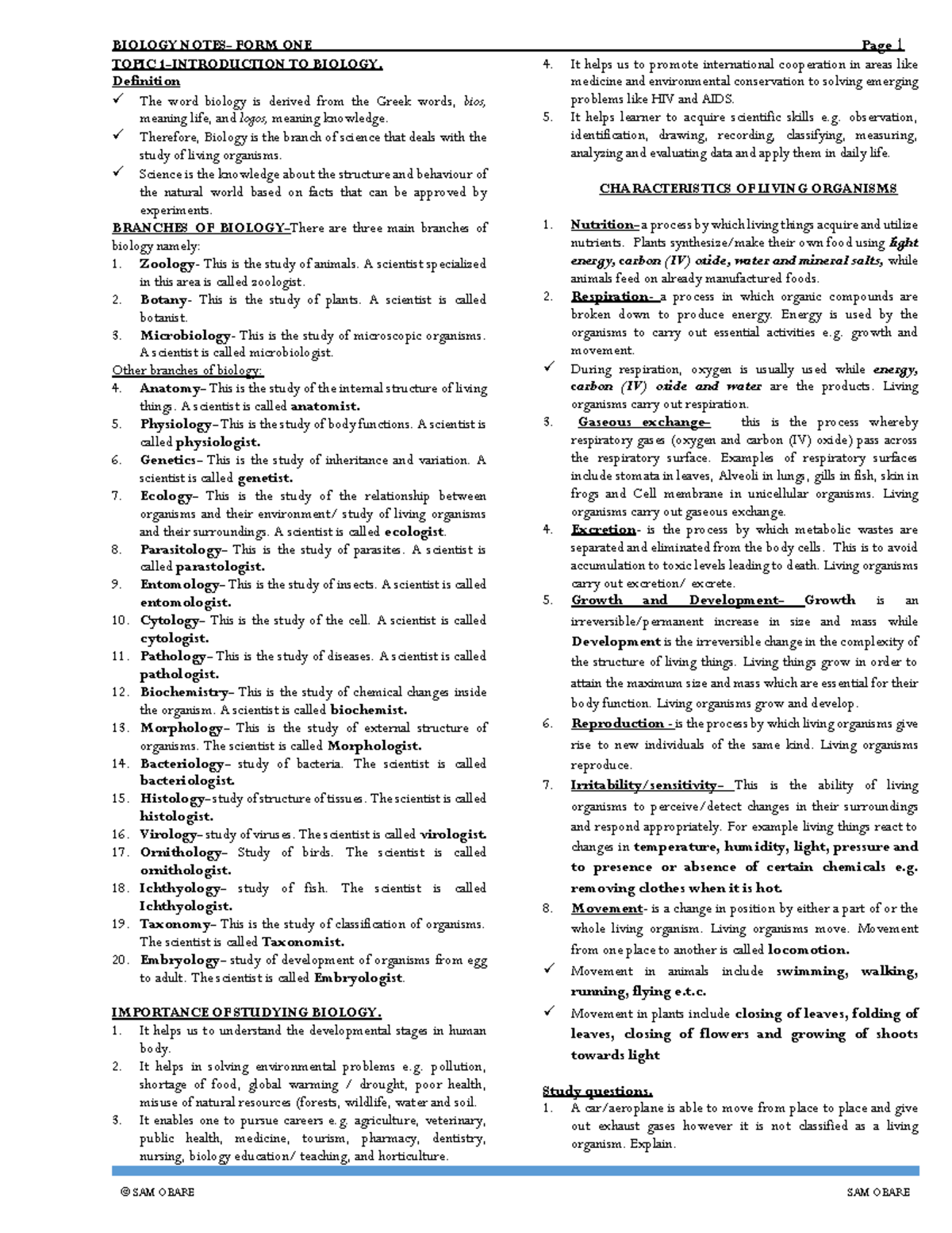 BIOLOGY FORM ONE LECTURE NOTES: KCSE 2026 DECEMBER - Studocu