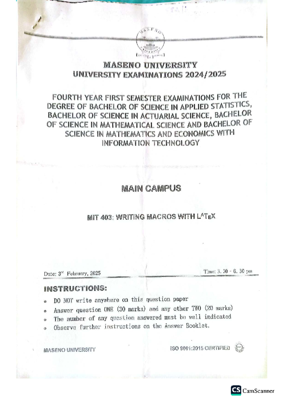 MASE 3 Y4 Past Papers: Actuarial Sciences Final Exam Review - Studocu