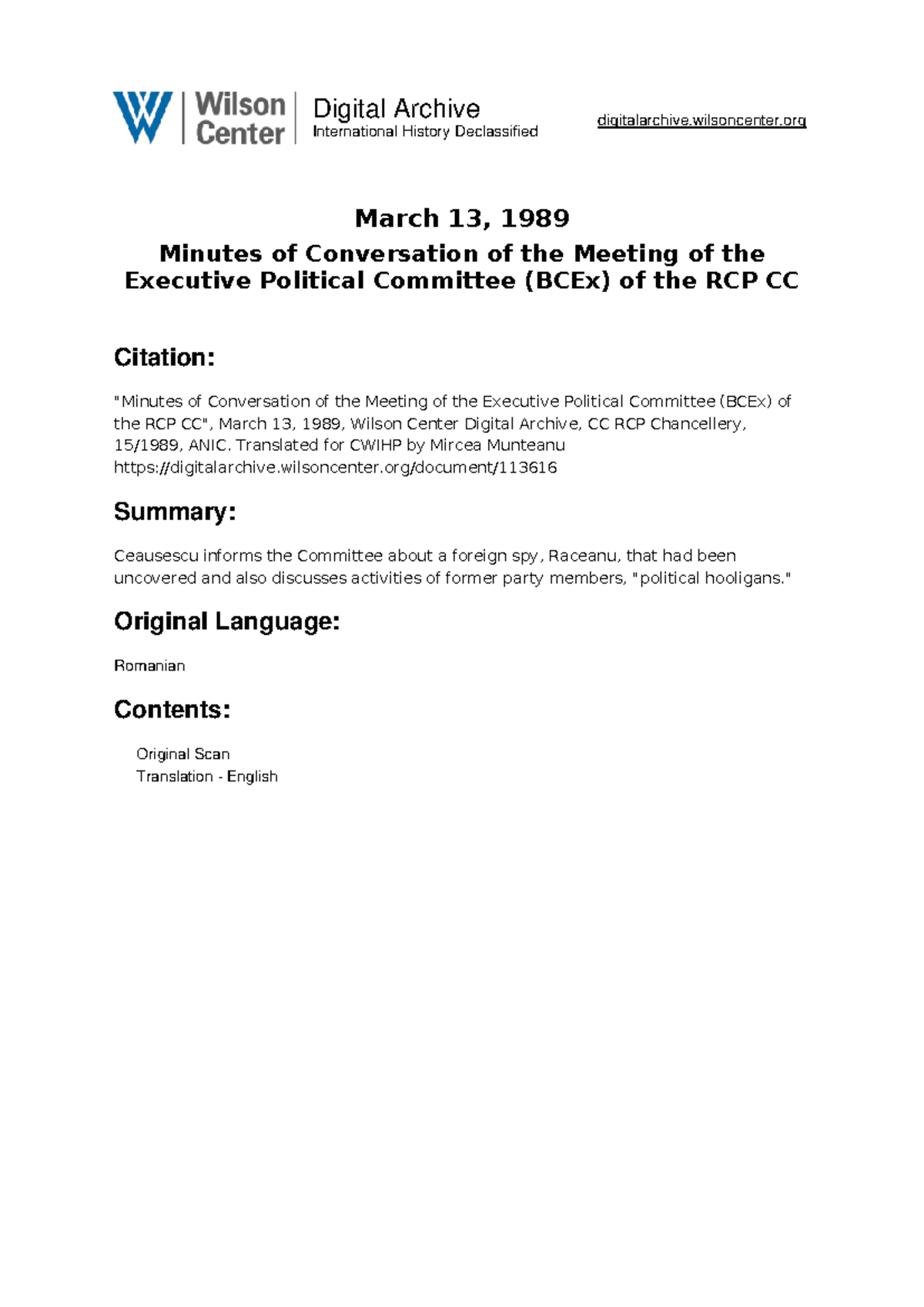 Minutes of the BCEx Meeting on Espionage and Party Integrity (RCP ...