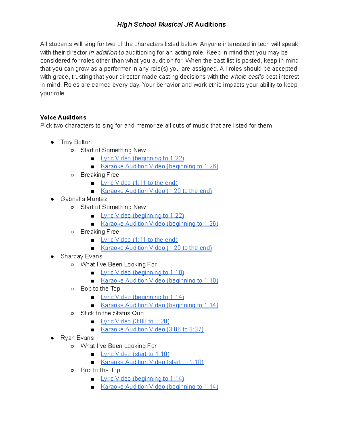 High School Musical JR Audition Guidelines and Character Details - Studocu