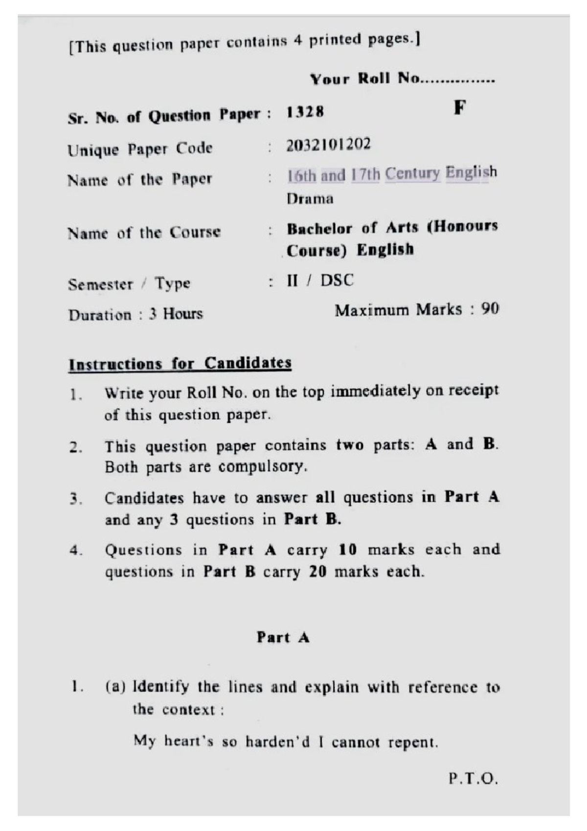 BA (Hons) English II DSC: 16th & 17th Century Drama Question Paper ...