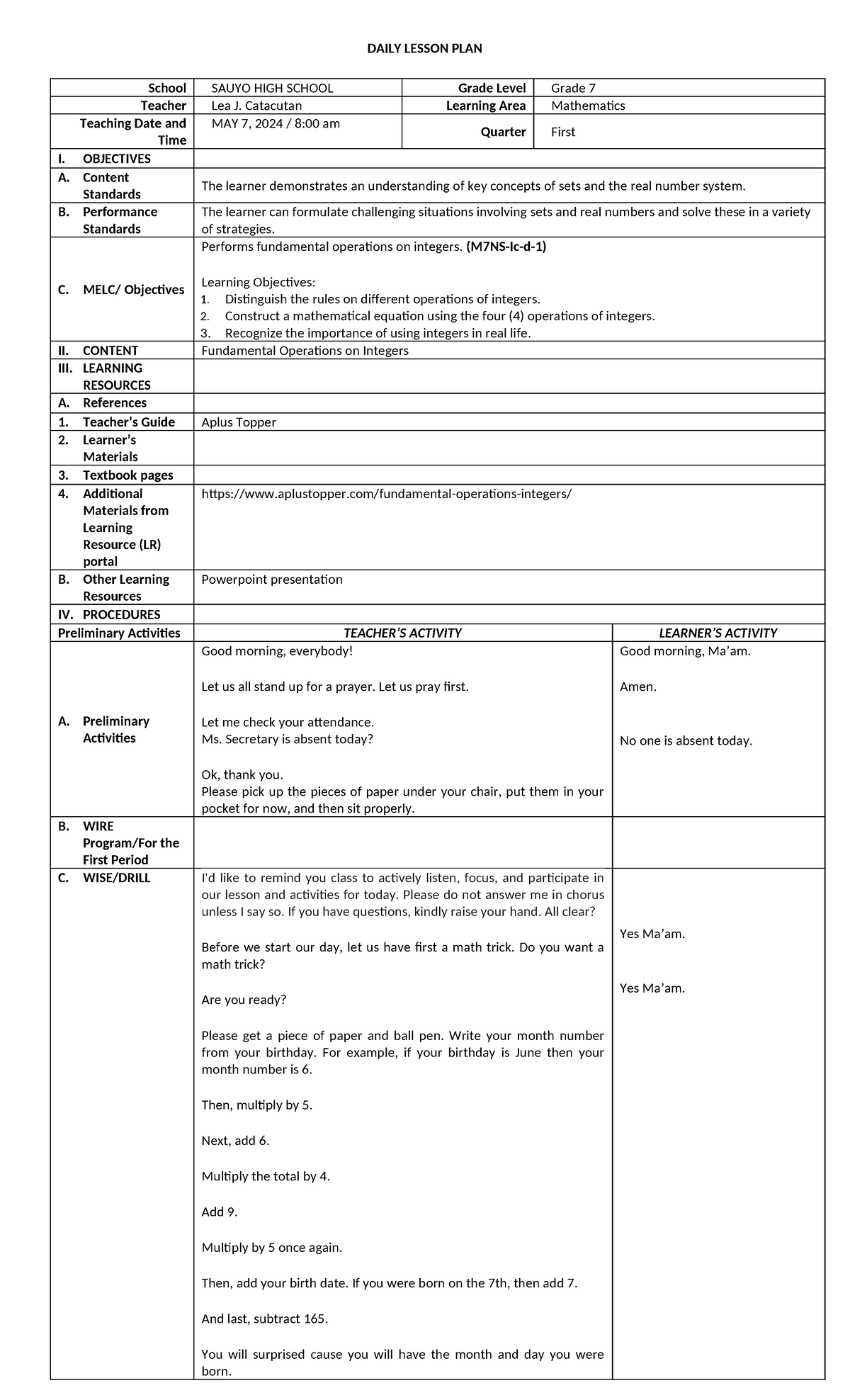 DLP - LESSON PLAN - DAILY LESSON PLAN School SAUYO HIGH SCHOOL Grade ...