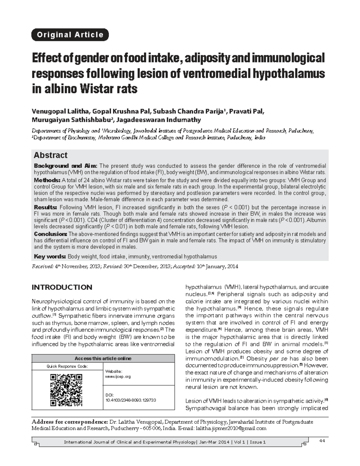 Effect of Gender on Food Intake and Immunity Post-VMH Lesion in Rats ...