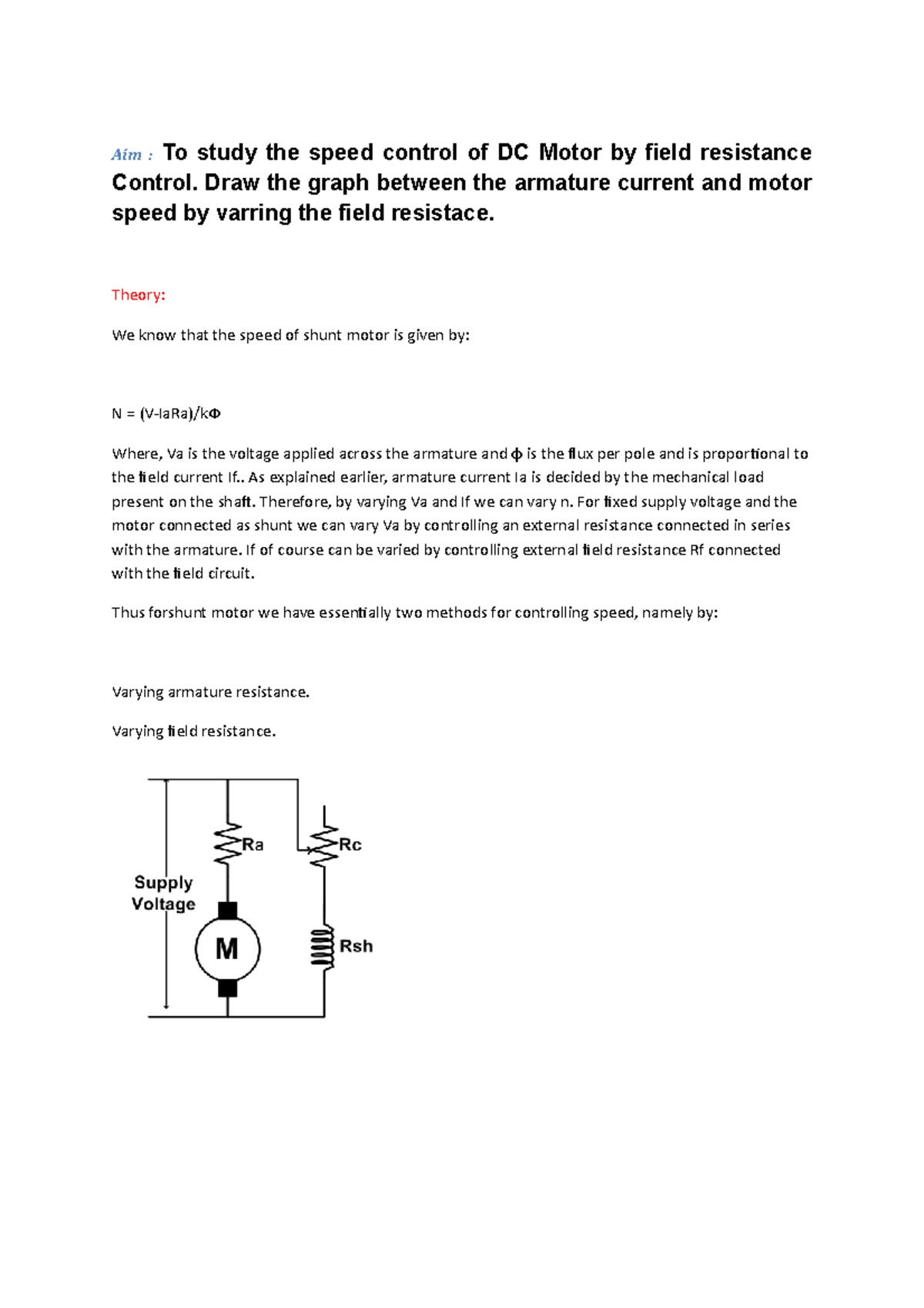 Experiment 7 - Speed Control of DC Motor by Field Resistance - Studocu