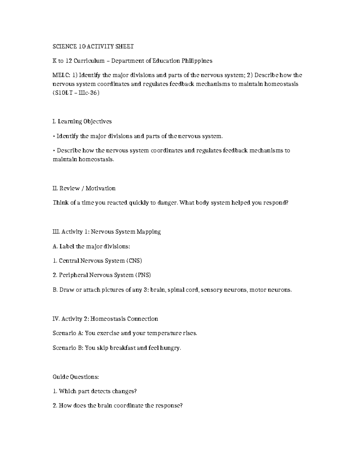 SCIENCE 10 ACTIVITY SHEET: Nervous System & Homeostasis - Studocu