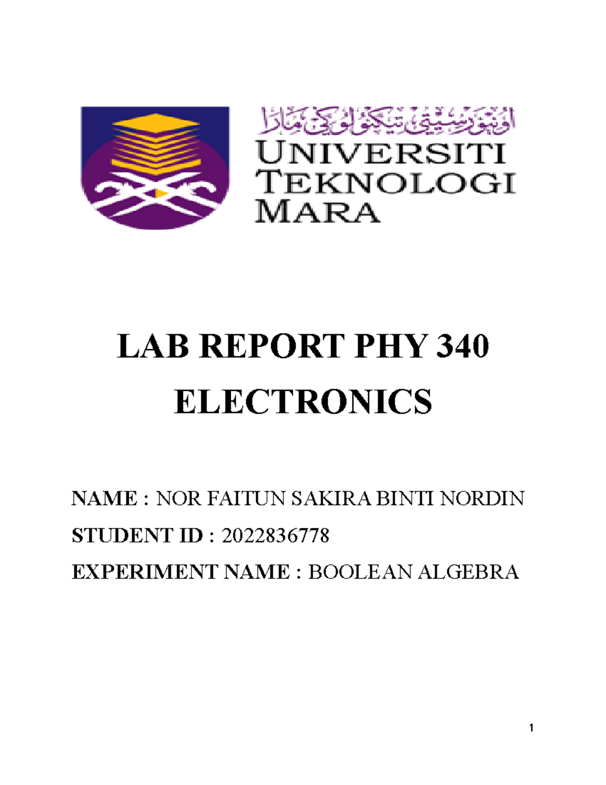 Lab Report PHY 340: Experiment 3 on Boolean Algebra & De Morgan’s ...