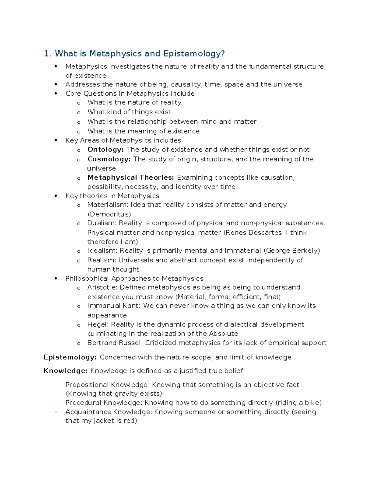 Finals Prep - 1. What is Metaphysics and Epistemology? Metaphysics ...