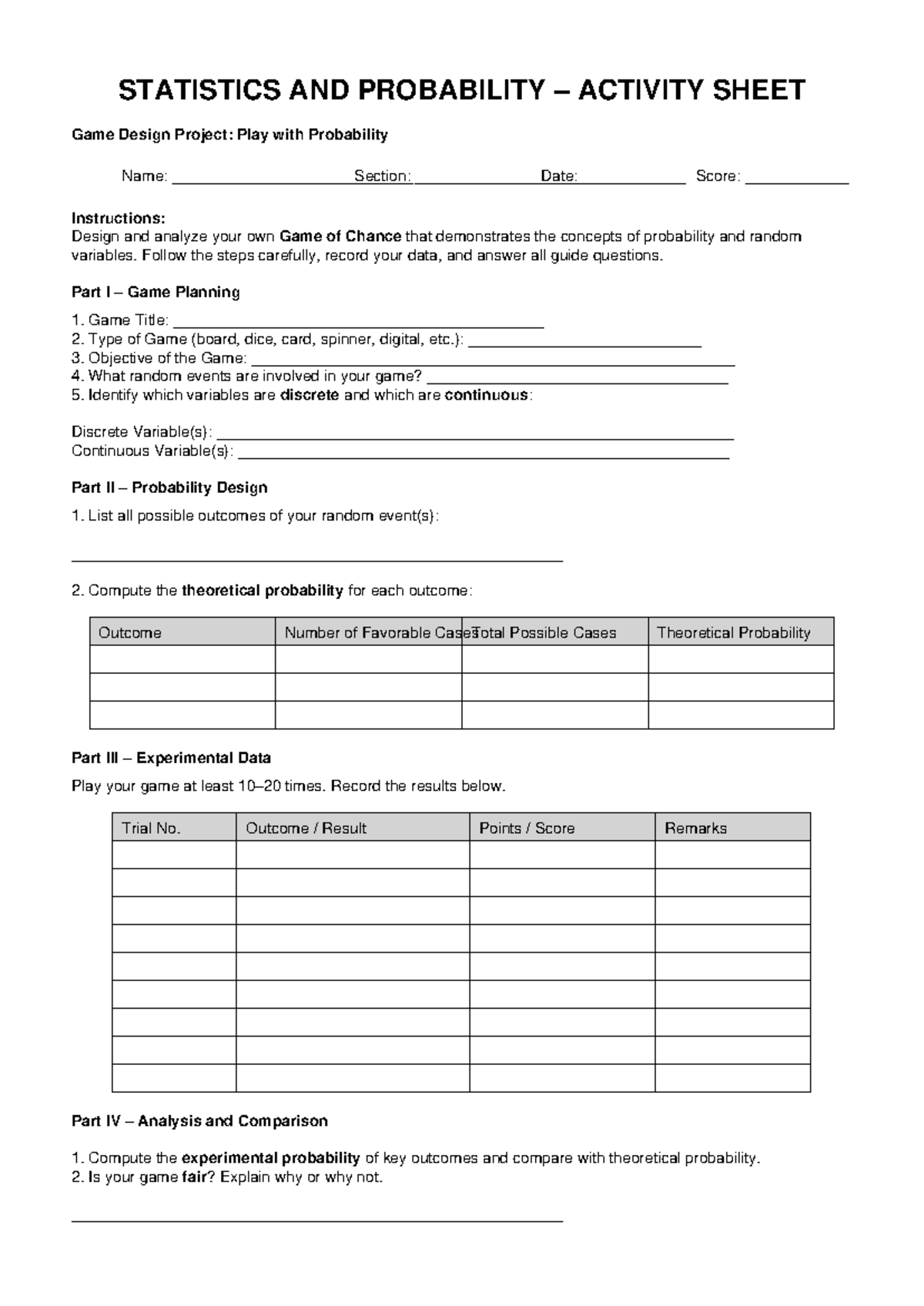 STATISTICS 101: Game Design Activity Sheet on Probability - Studocu