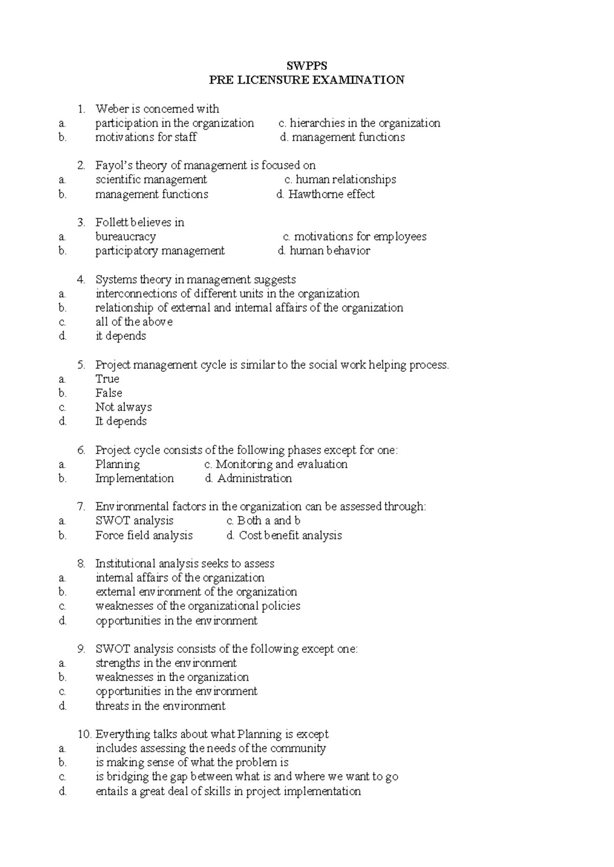 PRE Licensure Exam Sample Questions for SWPPS - Studocu