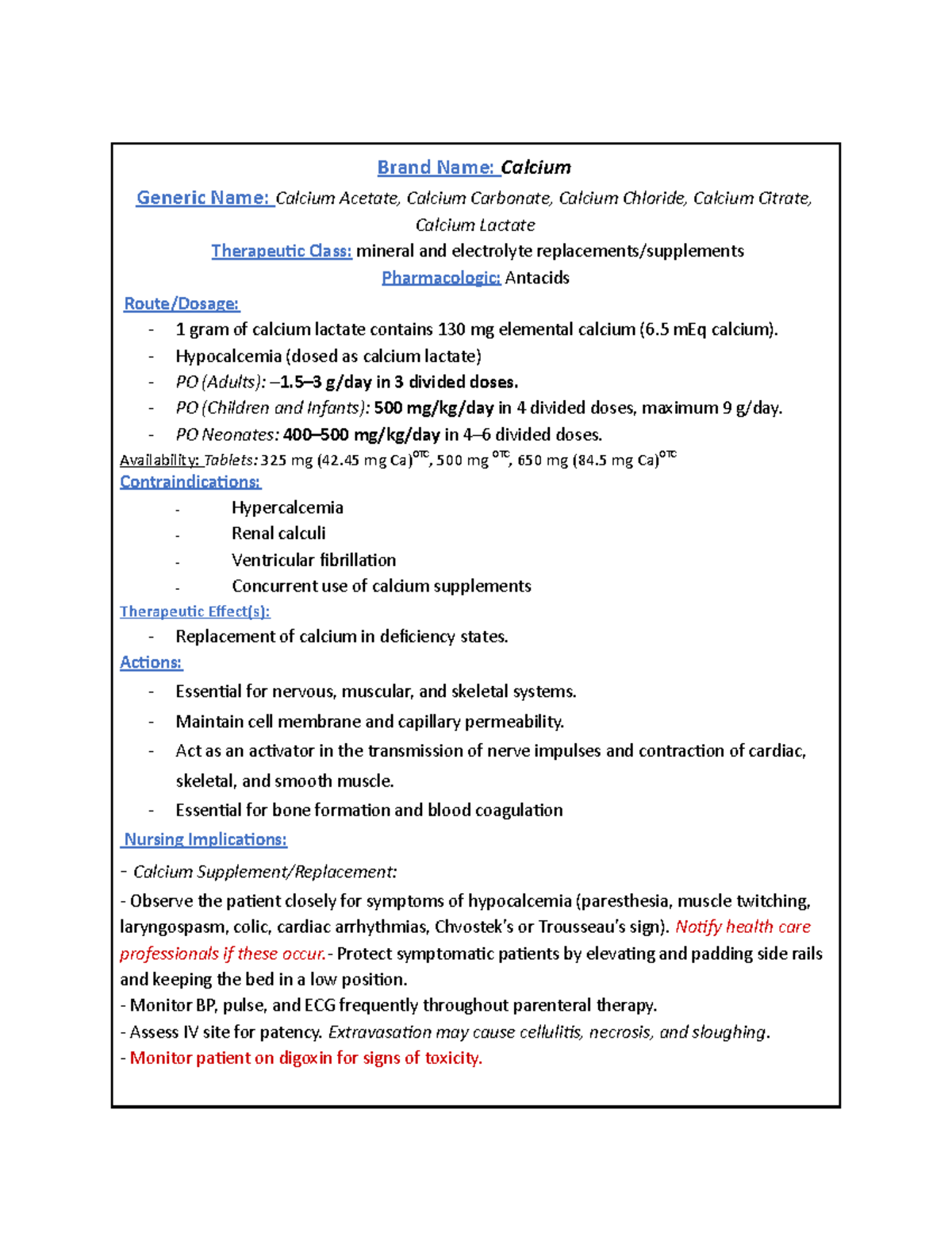 Drug Cards 1-12 - bc nursing OB - Brand Name: Calcium Generic Name ...