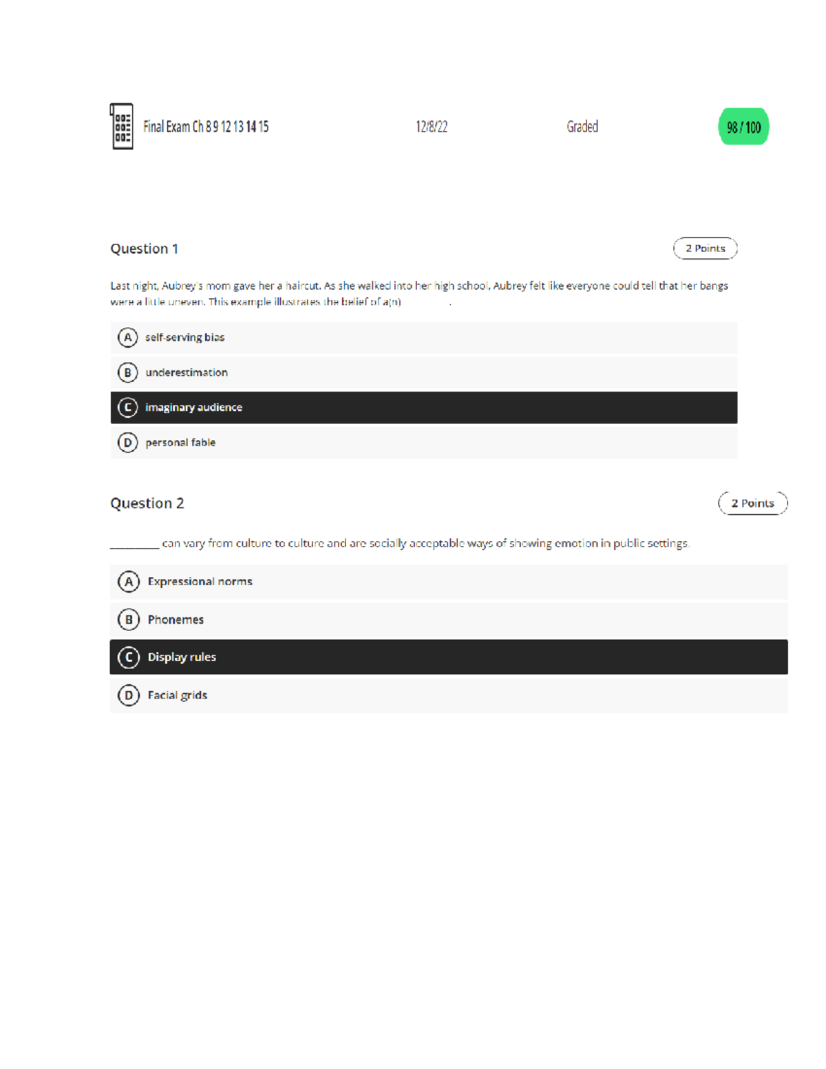 Psy 110 final exam - Final Exam Ch 8912131415 Graded 00: Question 1 2 ...