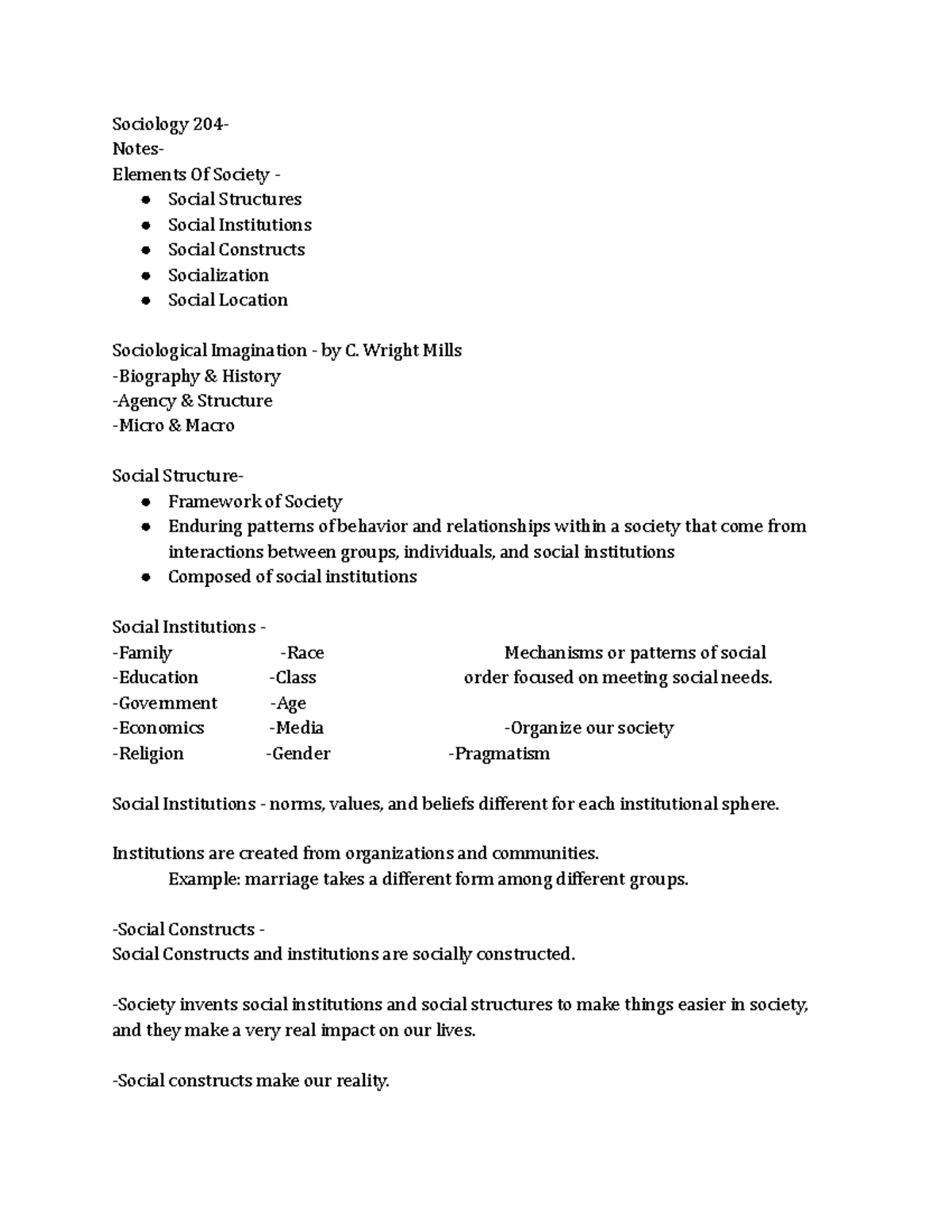 Sociology 204 - Elements of Society: Key Concepts & Notes - Studocu