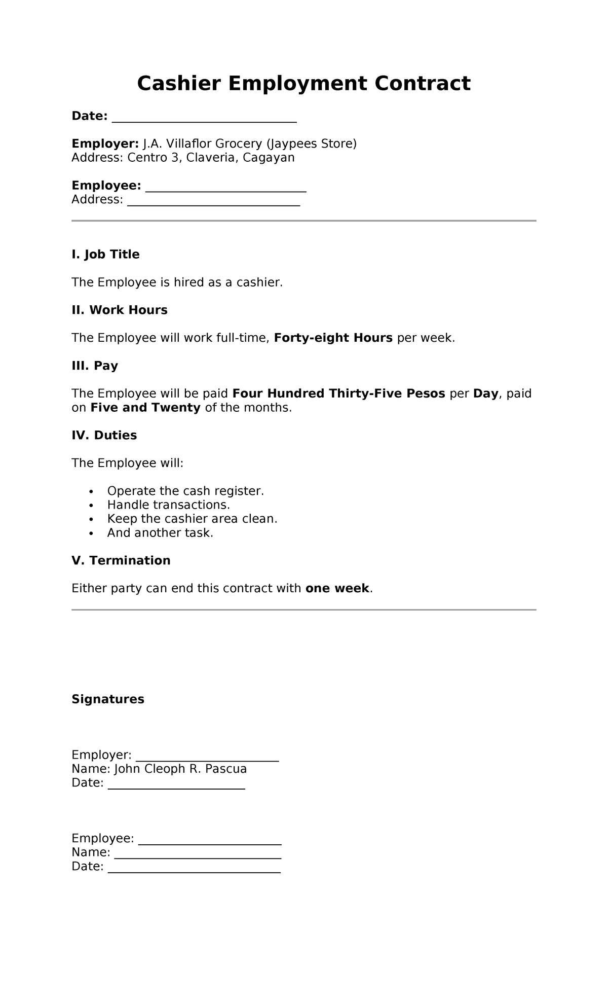 Cashier Employment Contract - Cashier Employment Contract Date