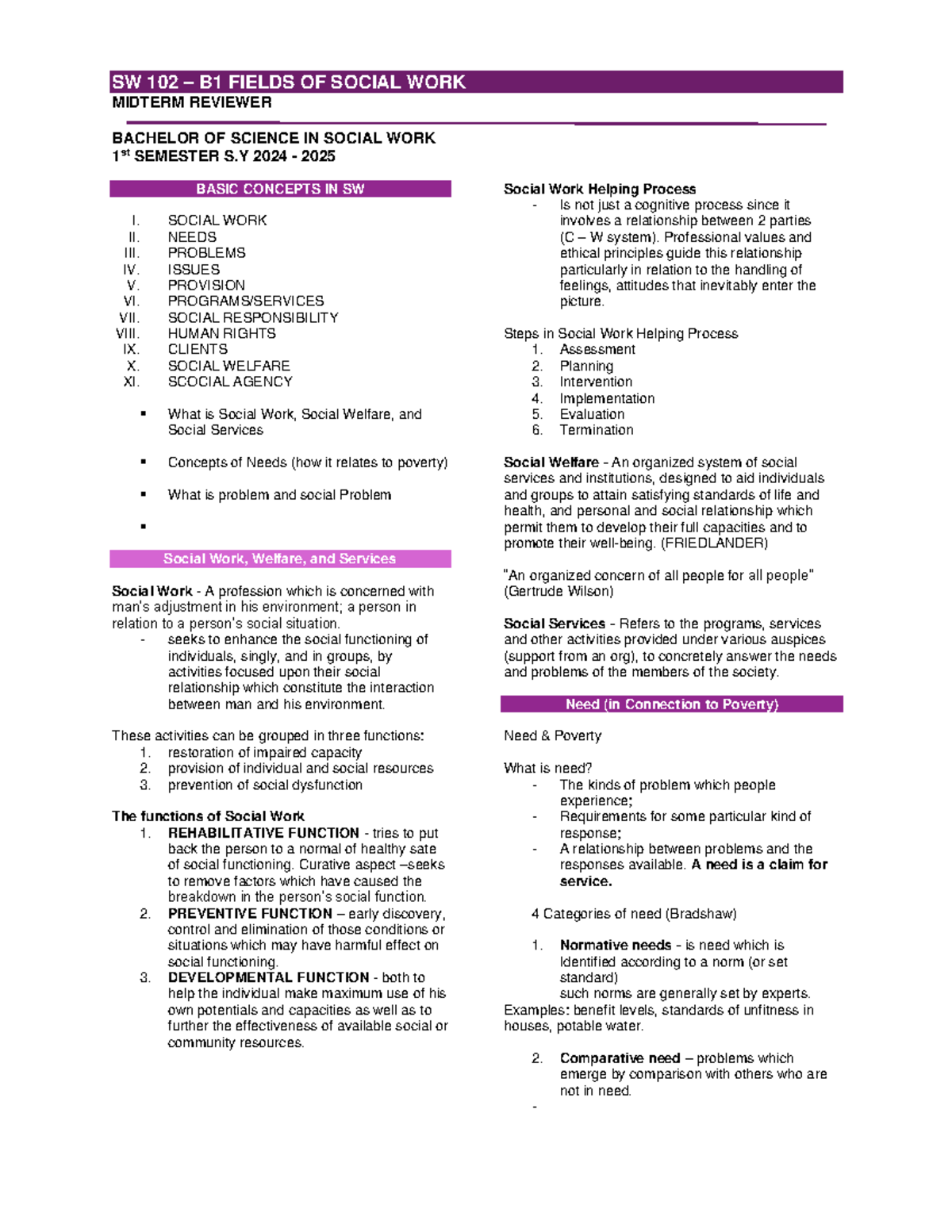 SW 102 - Midterm Reviewer: Essential Concepts in Social Work - Studocu