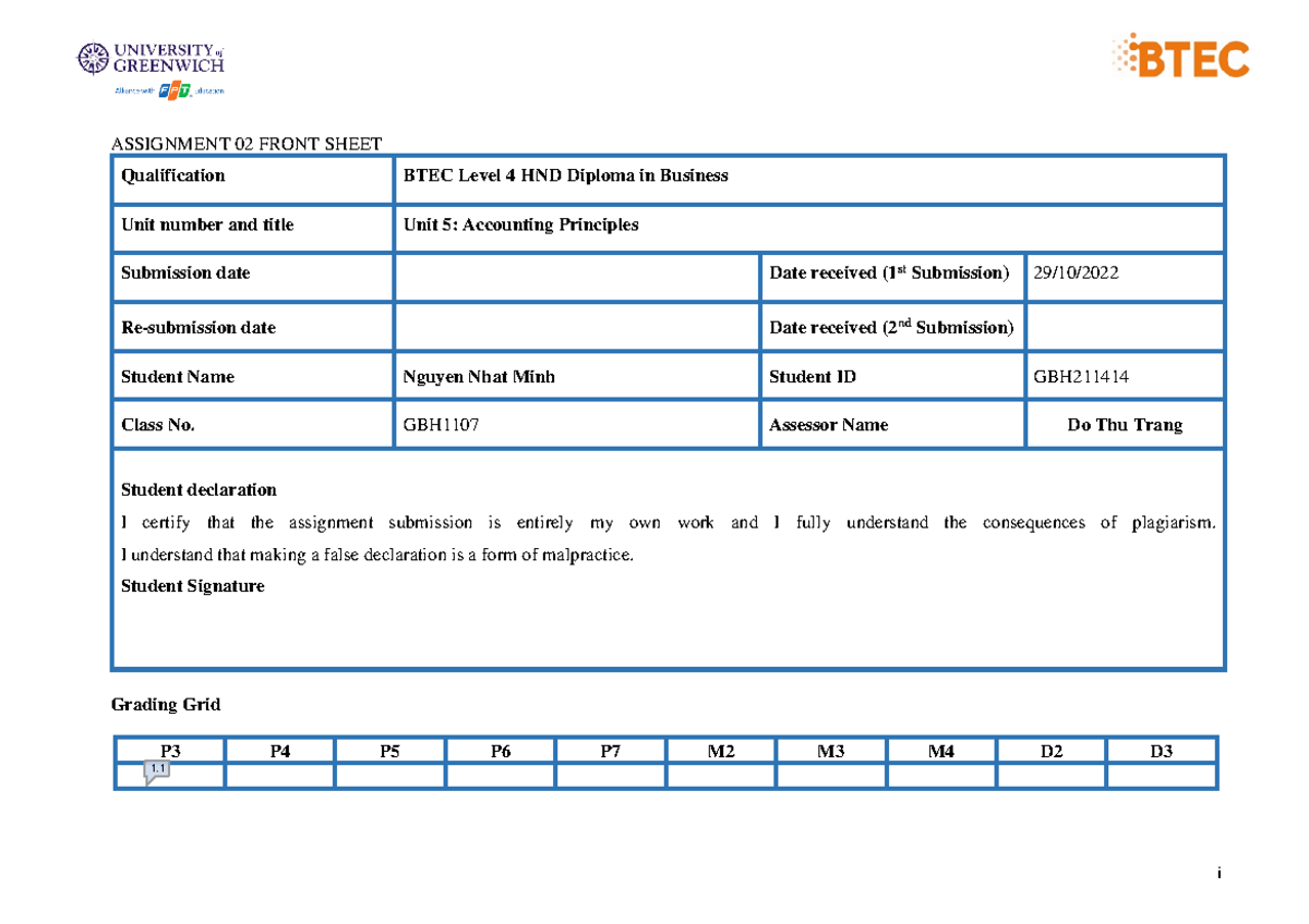 BTEC Level 4 HND Assignment 02: Accounting Principles Analysis - Studocu