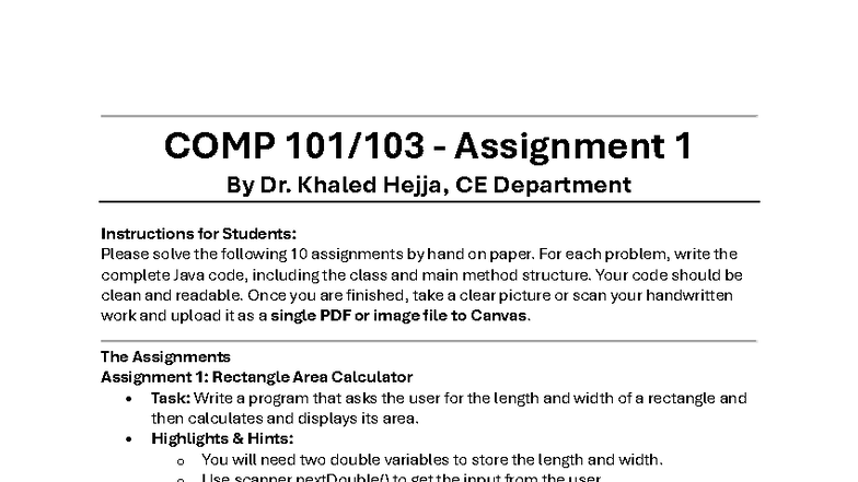 COMP CE Dept Assignment 1: Java Programming Tasks & Instructions - Studocu
