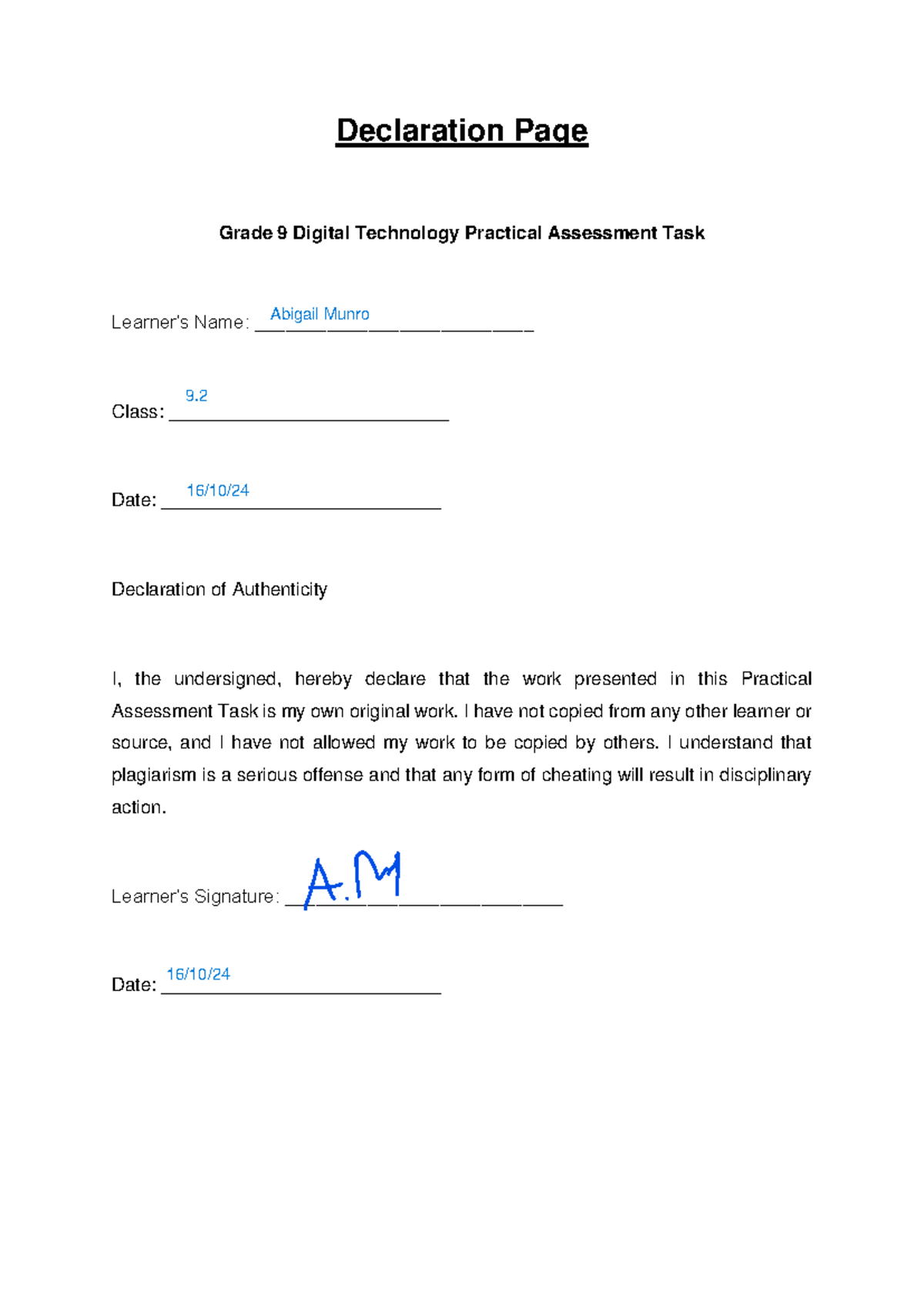 Declaration Page - tfyfyfy - Declaration Page Grade 9 Digital ...
