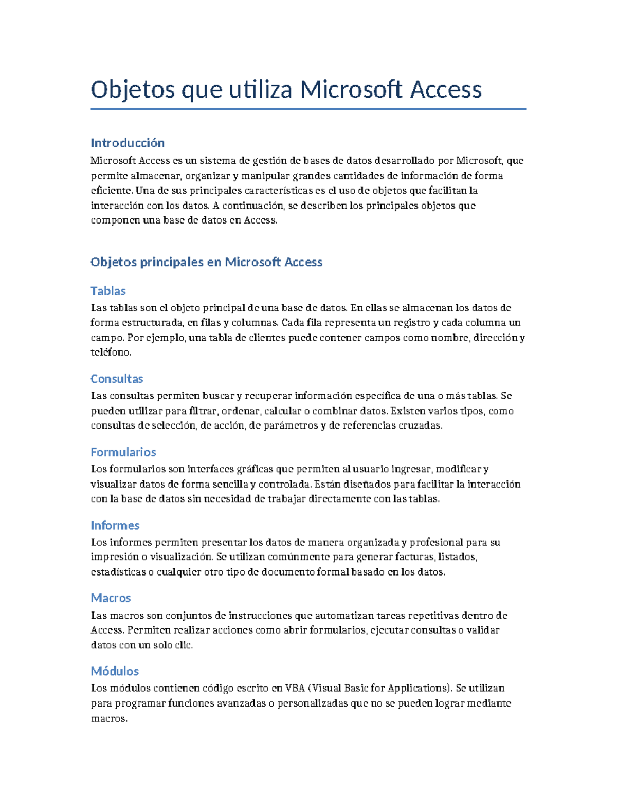 Objetos de Access - Tarea compu - Objetos que utiliza Microsoft Access Introducción Microsoft ...